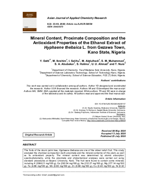 (PDF) Mineral Content, Proximate Composition and the Antioxidant Properties of the Ethanol ...