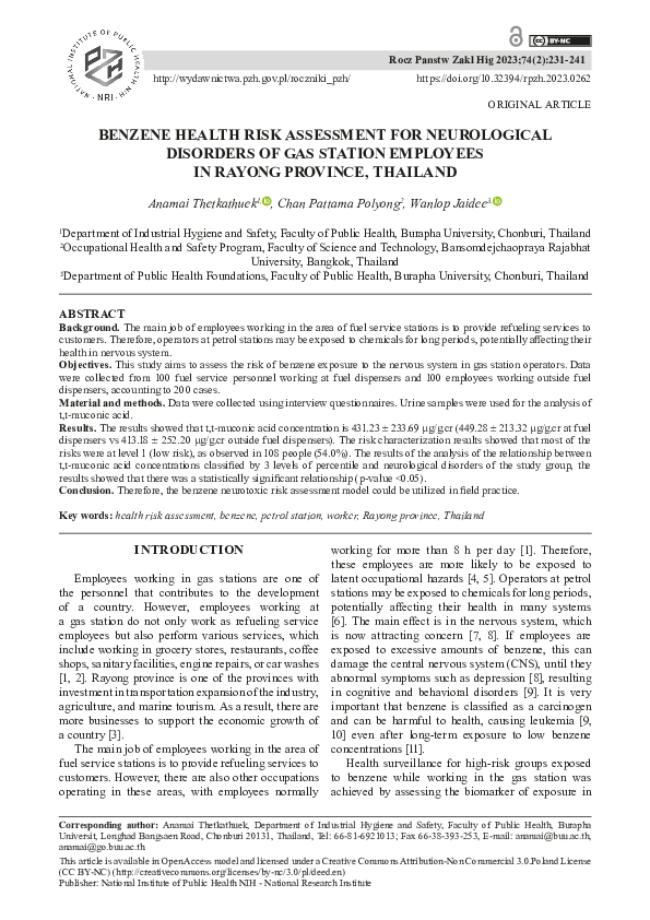 (PDF) Benzene health risk assessment for neurological disorders of gas ...