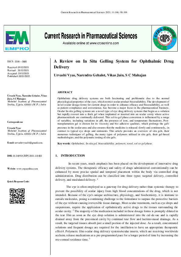 Pdf A Review On In Situ Gelling System For Ophthalmic Drug Delivery