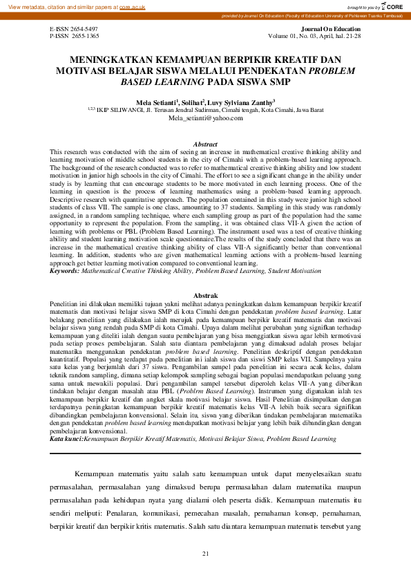 (PDF) Meningkatkan Kemampuan Berpikir Kreatif Dan Motivasi Belajar Siswa Melalui Pendekatan ...