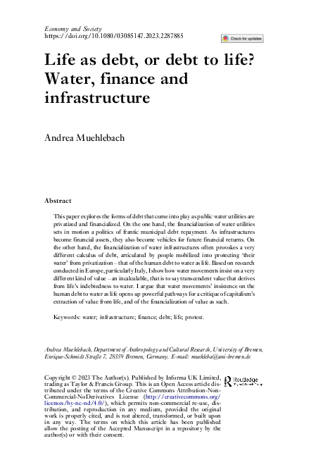 (PDF) Life as debt, or debt to life? Water, finance and infrastructure