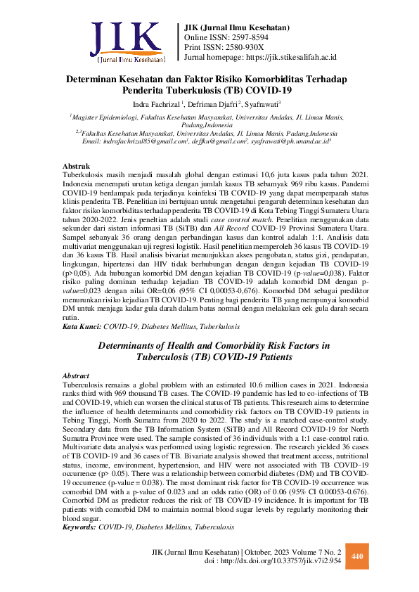 (PDF) Determinan Kesehatan dan Faktor Risiko Komorbiditas Terhadap Penderita Tuberkulosis (TB ...