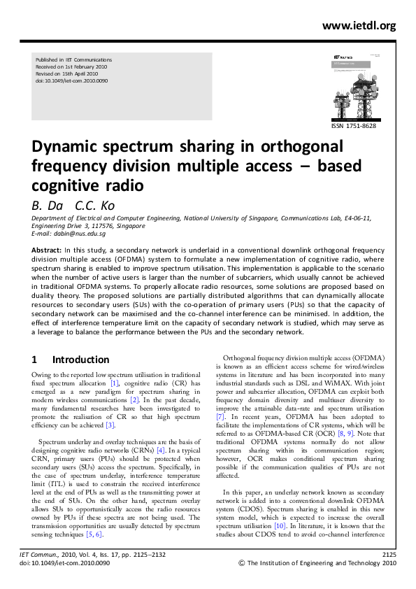 Pdf Dynamic Spectrum Sharing In Orthogonal Frequency Division Multiple Access Based