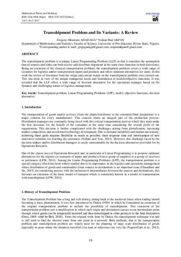 Pdf Transshipment Problem And Its Variants A Review