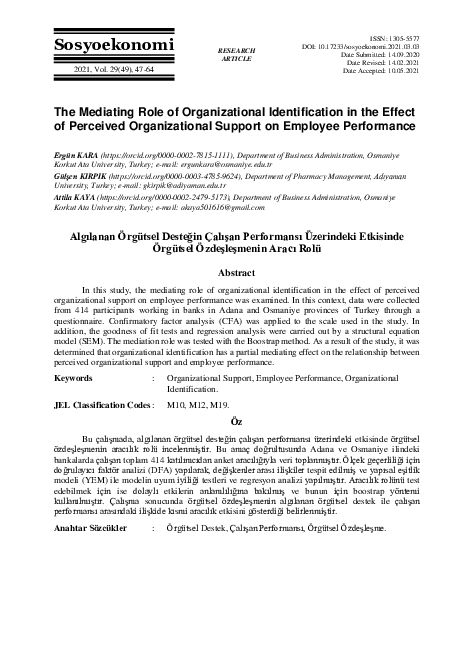 (PDF) Organizational support, Employee performance, Organizational identification