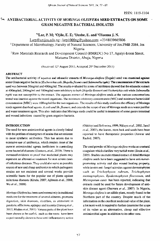 (PDF) Antibacterial Activity on Moringa Oleifera Seed Extracts on Some Gram Negative Bacterial ...
