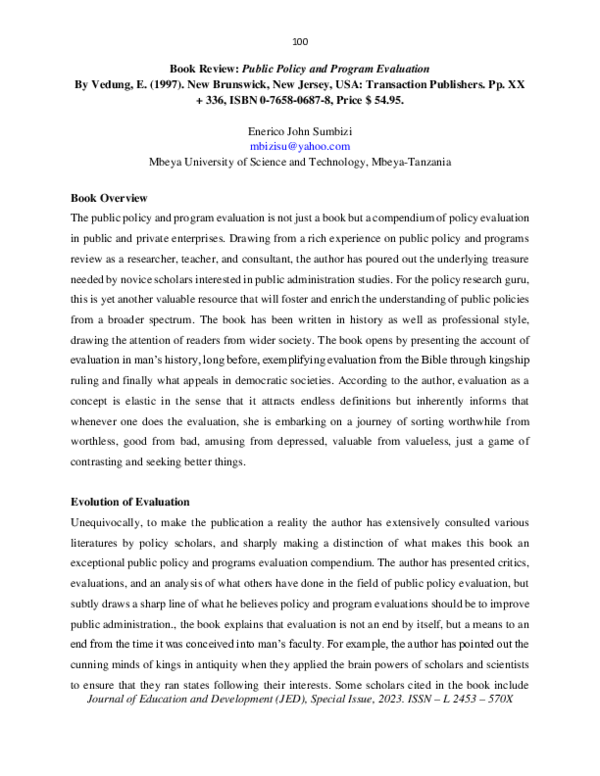 (PDF) Book Review: Public Policy and Program Evaluation By Vedung, E. (1997). New Brunswick, New ...