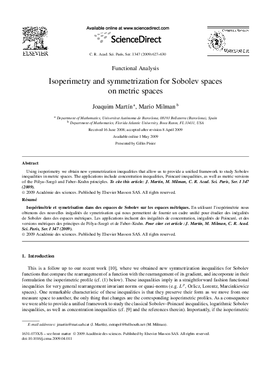 (PDF) Isoperimetry and symmetrization for Sobolev spaces on metric spaces