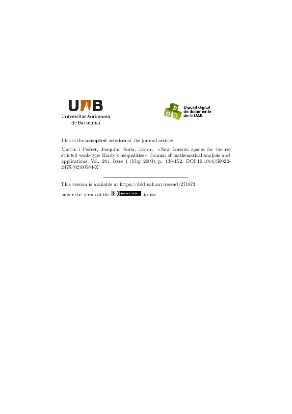 Pdf New Lorentz Spaces For The Restricted Weak Type Hardys Inequalities Joaquim Martín