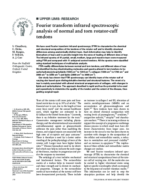 (PDF) Fourier transform infrared spectroscopic analysis of normal and torn rotator-cuff tendons
