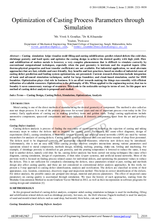 (PDF) Optimization of Casting Process Parameters through Simulation