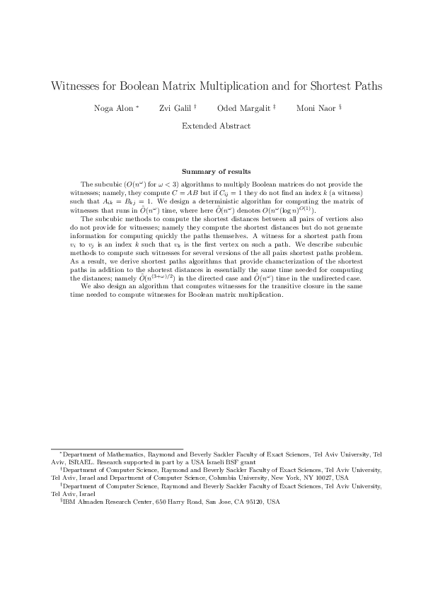 Pdf Witnesses For Boolean Matrix Multiplication And For Shortest Paths