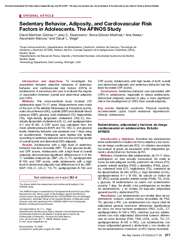 (PDF) Sedentary Behavior, Adiposity, and Cardiovascular Risk Factors in Adolescents. The AFINOS ...