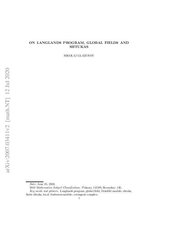 (PDF) On Langlands program, global fields and shtukas