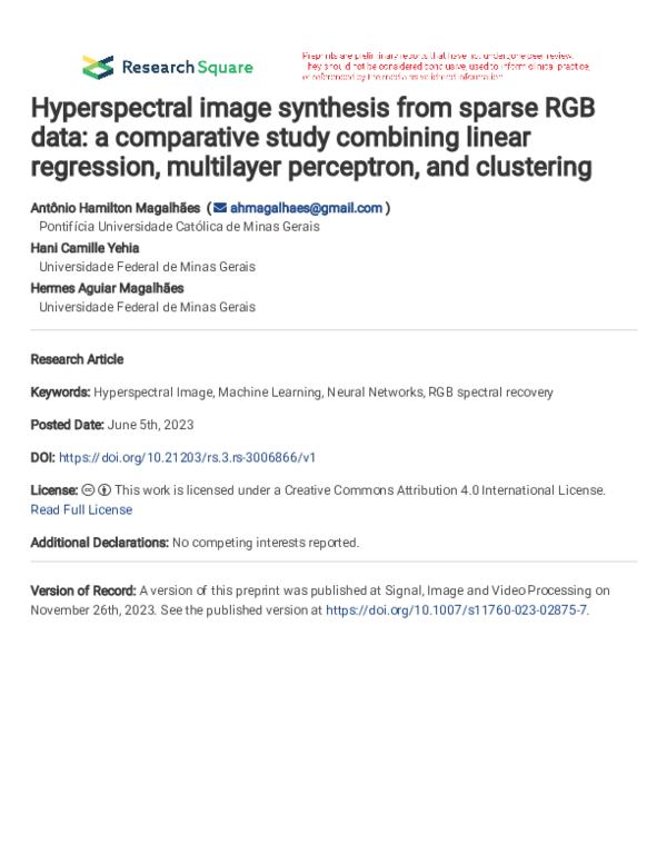 (PDF) Hyperspectral image synthesis from sparse RGB data: a comparative study combining linear ...