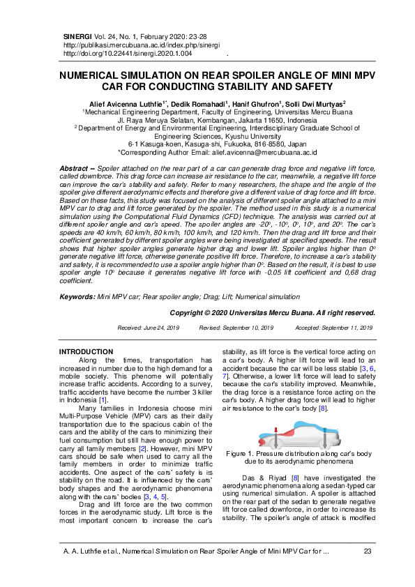 (PDF) Numerical Simulation on Rear Spoiler Angle of Mini MPV Car for ...