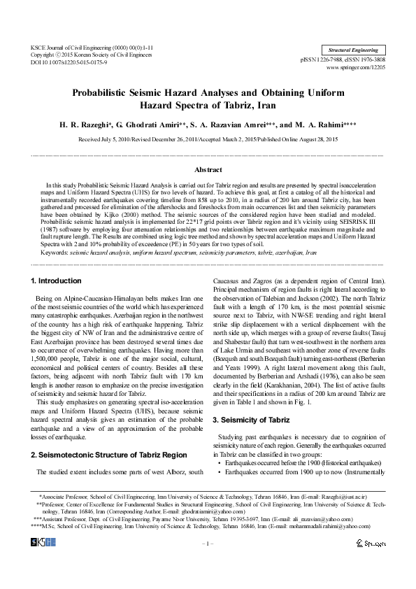 (PDF) Probabilistic seismic hazard analyses and obtaining uniform hazard spectra of Tabriz, Iran