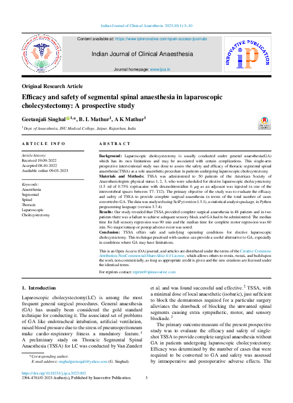 (PDF) Efficacy and safety of segmental spinal anaesthesia in ...