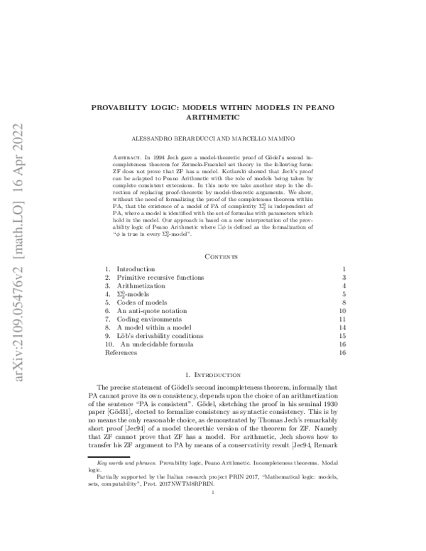 (PDF) Provability Logic: models within models in Peano Arithmetic