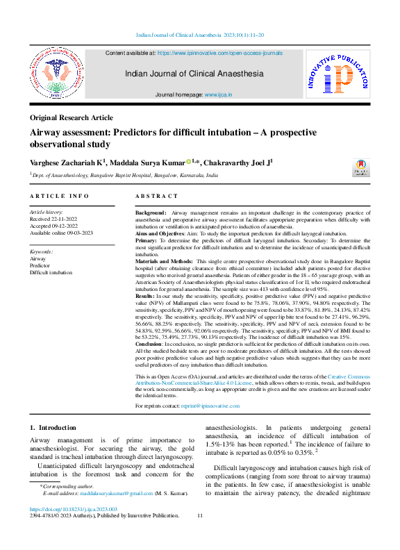 (PDF) Airway assessment: Predictors for difficult intubation – A prospective observational study