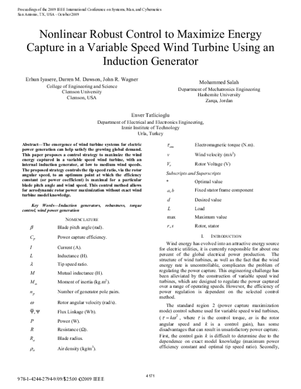 Pdf Nonlinear Robust Control To Maximize Energy Capture In A Variable Speed Wind Turbine Using