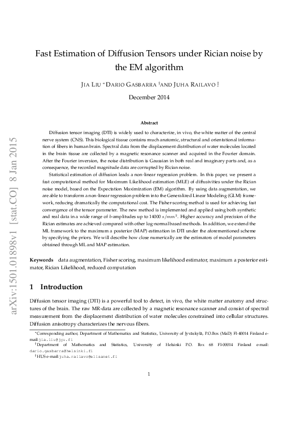 (PDF) Fast Estimation of Diffusion Tensors under Rician noise by the EM algorithm
