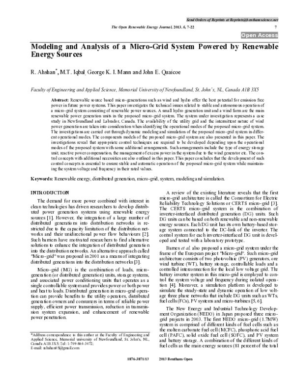 (PDF) Modeling and Analysis of a Micro-Grid System Powered by Renewable Energy Sources