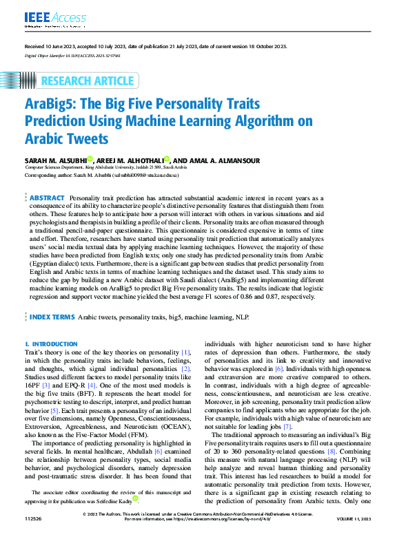(PDF) AraBig5: The Big Five Personality Traits Prediction Using Machine Learning Algorithm on ...
