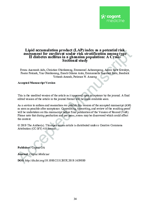 (PDF) Lipid accumulation product (LAP) index as a potential risk ...