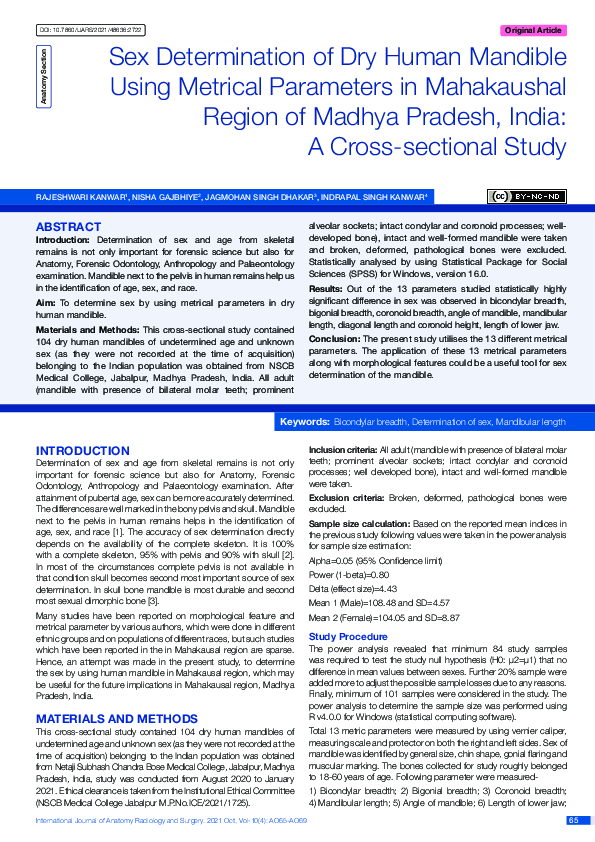 (PDF) Sex Determination of Dry Human Mandible Using Metrical Parameters ...