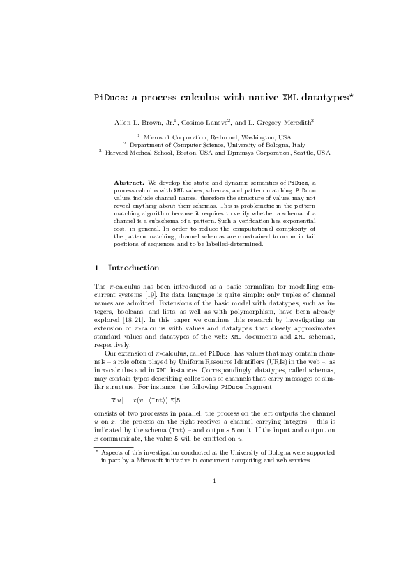 (PDF) PiDuce: A Process Calculus with Native XML Datatypes