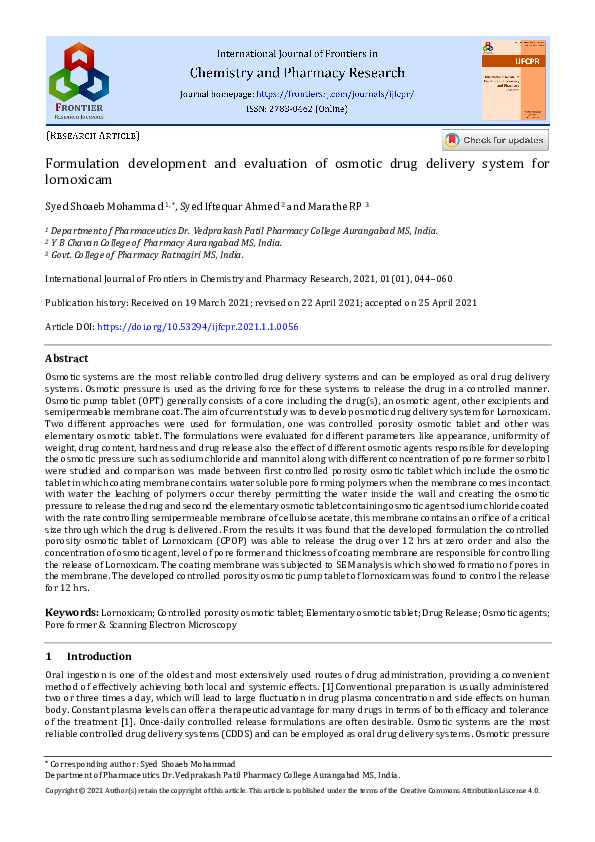 (PDF) Formulation development and evaluation of osmotic drug delivery system for lornoxicam