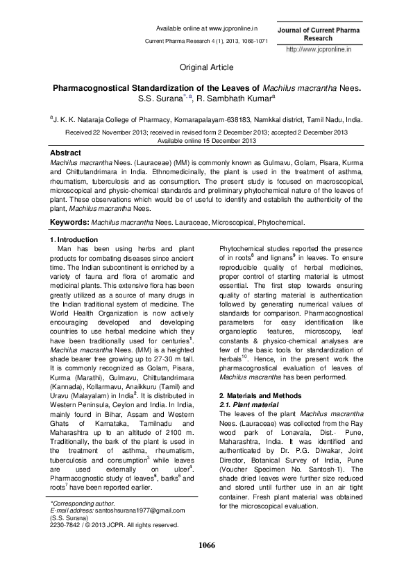 (PDF) Pharmacognostical Standardization of the Leaves of Machilus ...