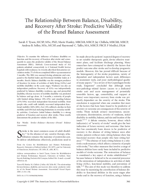 (PDF) The Relationship Between Balance, Disability, and Recovery After ...