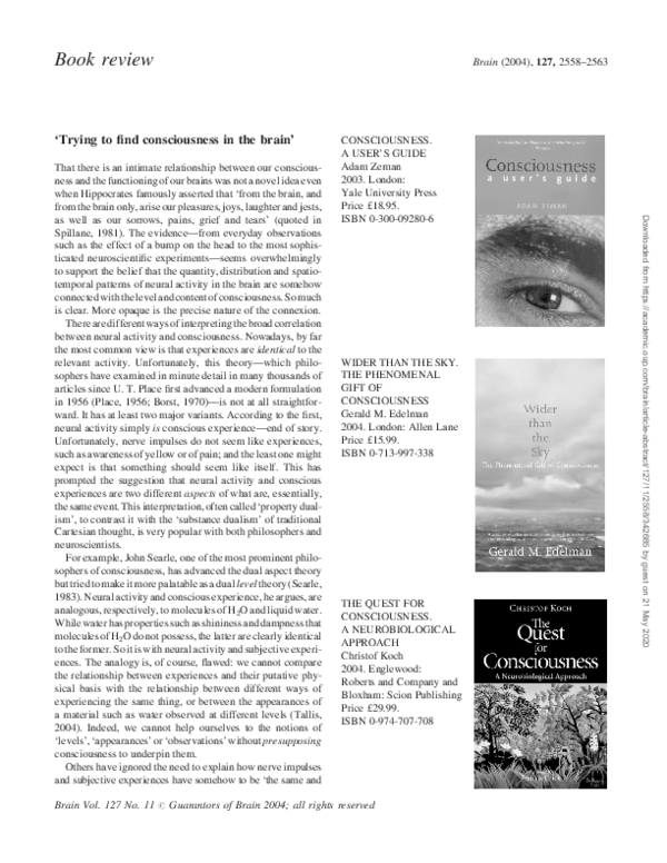 (PDF) CONSCIOUSNESS. A USER'S GUIDE * Adam Zeman * 2003. London: Yale ...