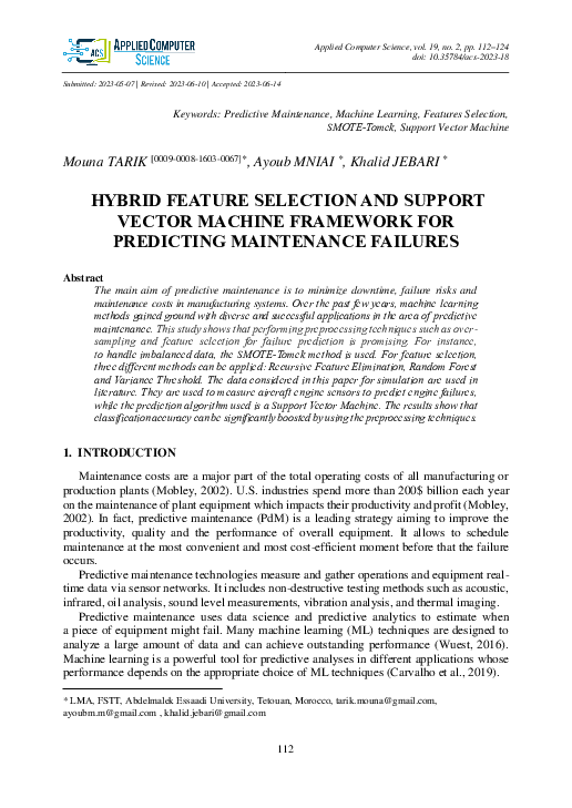 (PDF) Hybrid Feature Selection and Support Vector Machine Framework for Predicting Maintenance ...