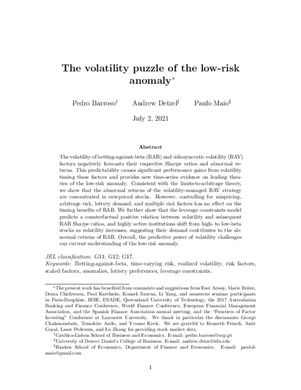 (PDF) The volatility puzzle of the low-risk anomaly