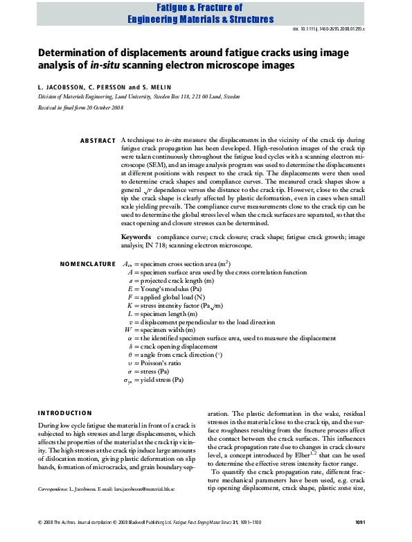 (PDF) Determination of displacements around fatigue cracks using image analysis of in‐situ ...