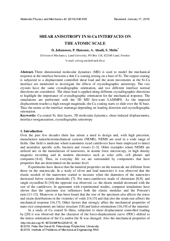 (PDF) SHEAR ANISOTROPY IN Si-Cu INTERFACES ON THE ATOMIC SCALE | Solveig Melin - Academia.edu