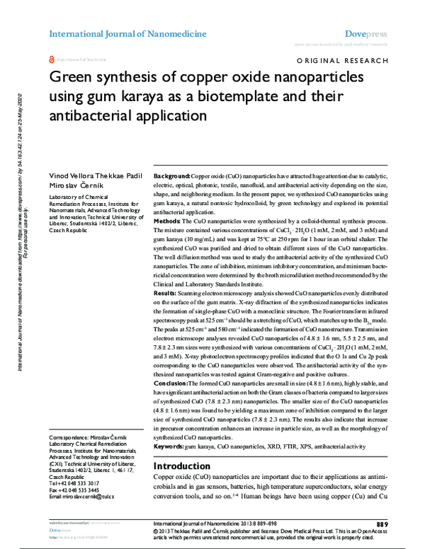 (PDF) Green synthesis of copper oxide nanoparticles using gum karaya as a biotemplate and their ...