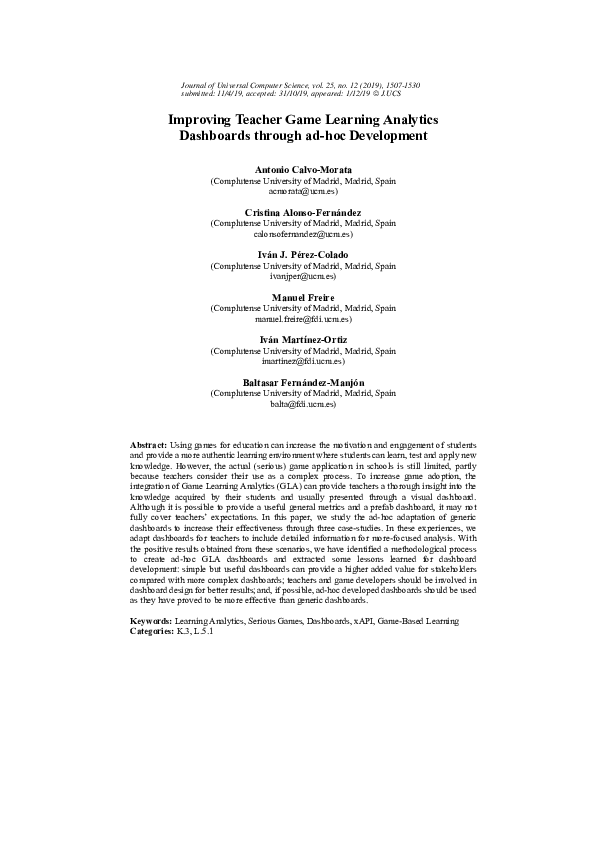 (PDF) Improving Teacher Game Learning Analytics Dashboards through ad-hoc Development