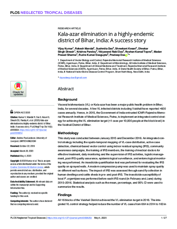 (PDF) Kala-azar elimination in a highly-endemic district of Bihar, India: A success story