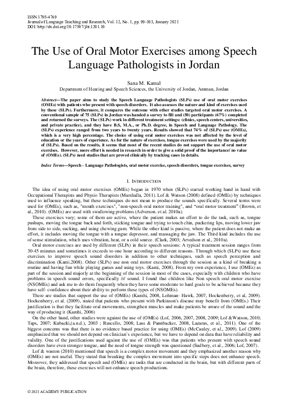 (PDF) The Use of Oral Motor Exercises among Speech Language ...