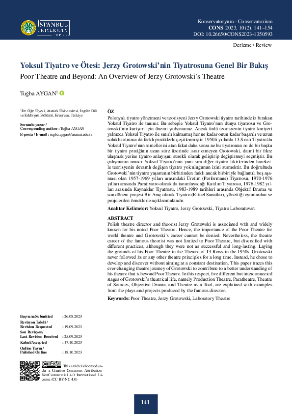 (PDF) Yoksul Tiyatro ve Ötesi: Jerzy Grotowski'nin Tiyatrosuna Genel ...