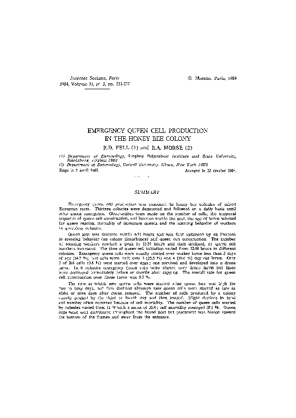 (PDF) Emergency queen cell production in the honey bee colony