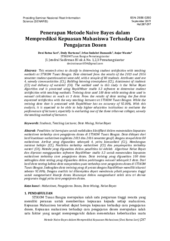 (PDF) Penerapan Metode Naive Bayes dalam Memprediksi Kepuasan Mahasiswa Terhadap Cara Pengajaran ...