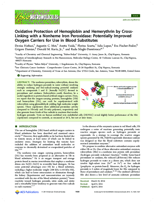 (PDF) Oxidative Protection of Hemoglobin and Hemerythrin by Cross ...
