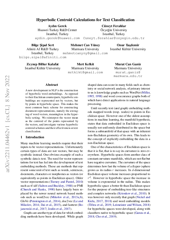 (PDF) Hyperbolic Centroid Calculations for Text Classification