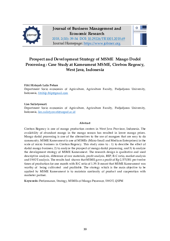 (PDF) Prospect and Development Strategy of MSME Mango Dodol Processing : Case Study at Kameumeut ...