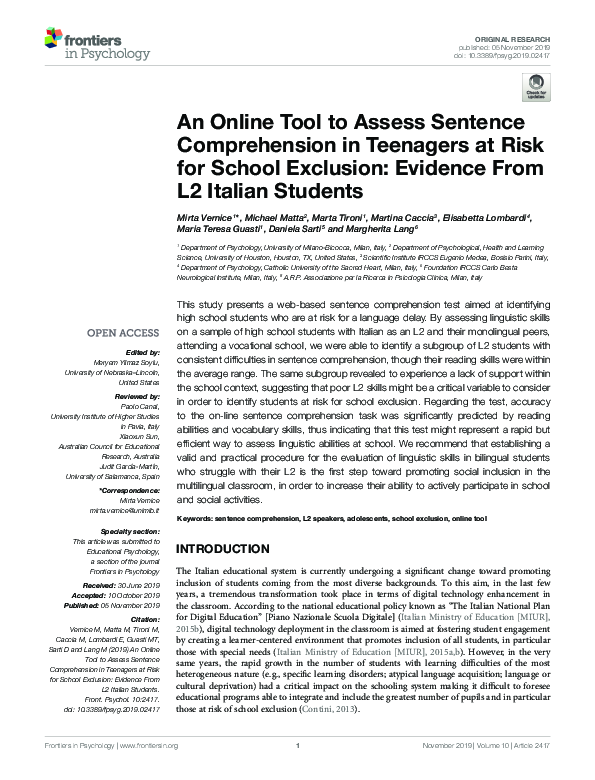 (PDF) An Online Tool to Assess Sentence Comprehension in Teenagers at ...